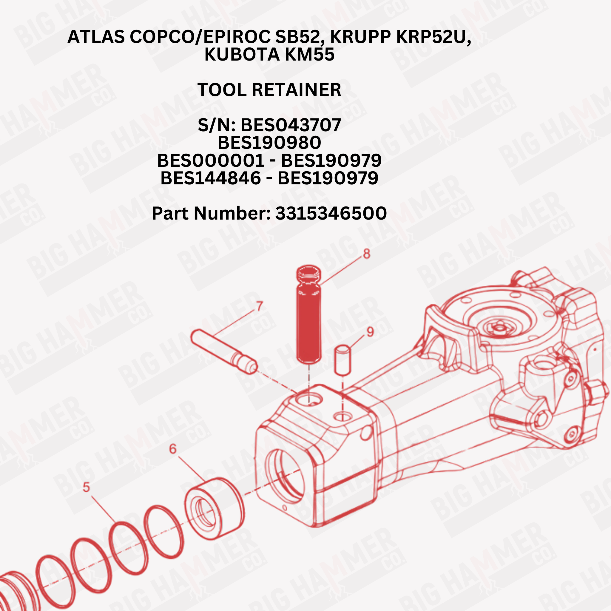 Atlas Copco/Epiroc SB52, Krupp KRP52U, Kubota KM55 Tool Retainer